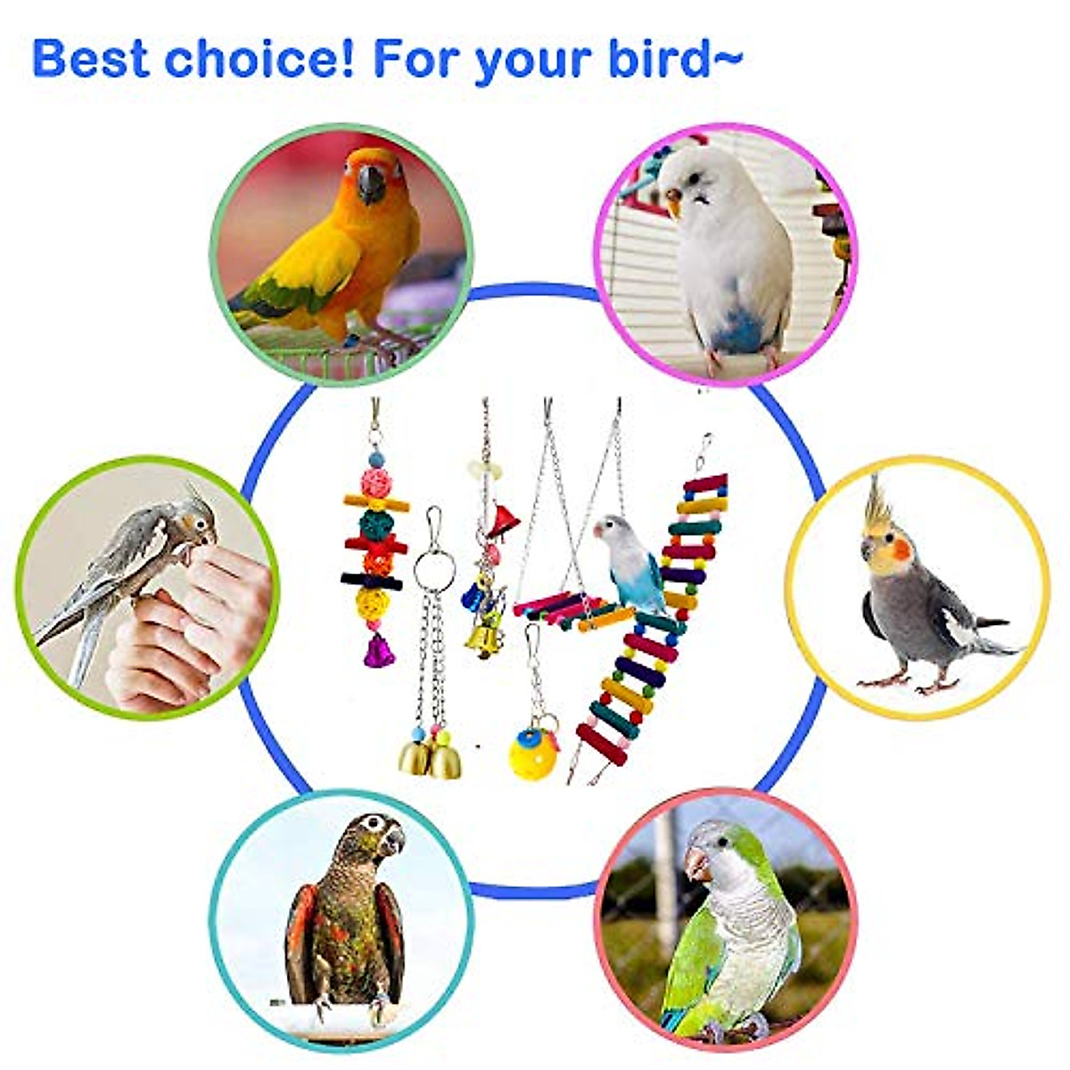 6pcs Bird Parakeet Toys Ladders Swing Colorful Chewing Bird Parakeet Cage Accessories Hanging Bell Pet Cockatiel Toys for Bird Cage for Small Birds, Love Birds, Conures, Macaws, Parrots, Finches