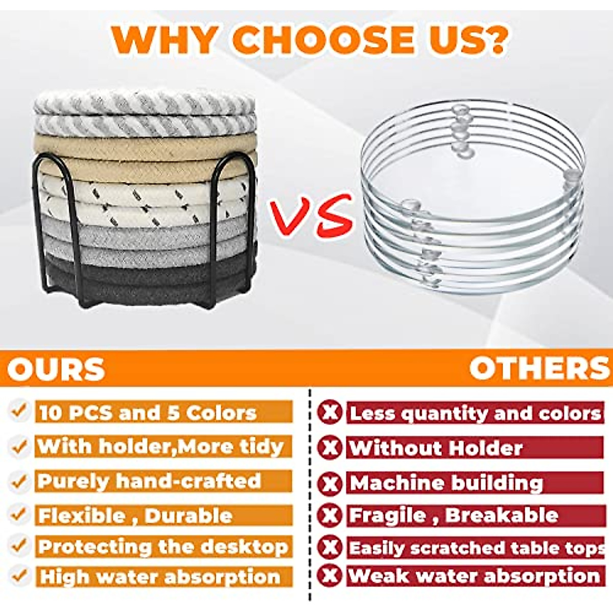 KNWOBL 10 Pcs Drink Coasters with Holder,Absorbent Drink Coasters,Handmade Braided Drink Coasters,Super Absorbent Heat-Resistant Coasters,5 Colors