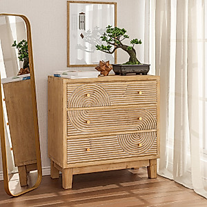 COZAYH 3-Drawer Farmhouse Dresser with Handicraft Wood Ring Motif, Set of 2 Fully Assembled Nightstand Wooden Finish for Boho, Mid-Century, Natural Wood, Rustic