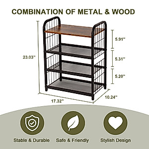 BWOORACKU Shoe Rack, 4-Tier Shoe Organizer with Guardrails, Heavy-Duty Metal Mesh Shelves & Rustic Wooden Top for Stylish Closet & Front Door Storage