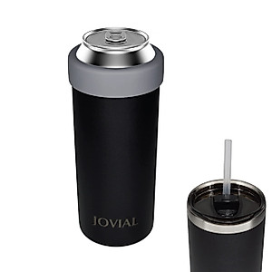 JOVIAL 2 in 1 Stainless Steel Can Cooler Insulated for all 24&25 Oz Cans, Beer Can Cooler,seltzer can coozie, Can insulator,and Work As A Iced Coffee Cup With Lid and Straw (Black)
