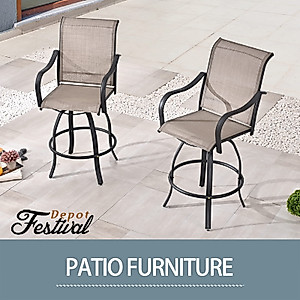 Sports Festival 2Pcs Patio Bar Stools with Armrest High Swivel Chairs with Textilene Fabric Metal Outdoor Furniture for Bistro Deck Lawn