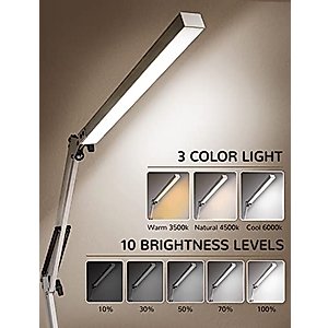LED Desk Lamp, Adjustable Swing Arm Desk Light with Clamp, 3 Modes &10 Brightness, Study Clamp Light for Architect Kids, Memory Function, Bright Desk Lamps for Home Office Read Room Desktop, White-14W
