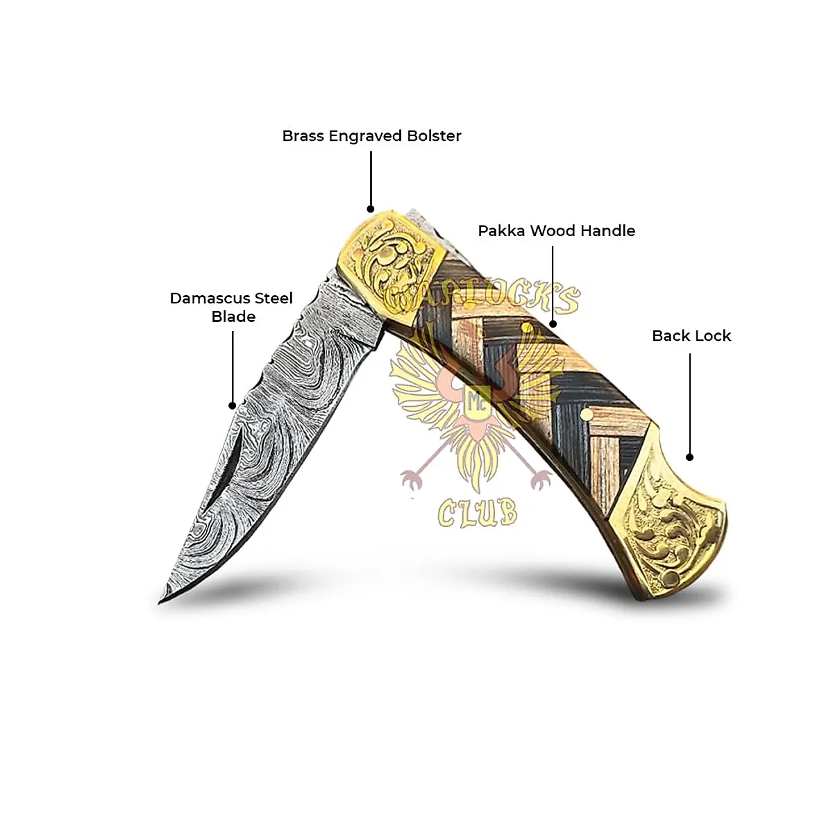WARLOCKS CLUB Handmade Damascus Pocket Knife with Sheath, 7" Folding Hunting Knife with Wood Handle, Small Camping Knife for Outdoor