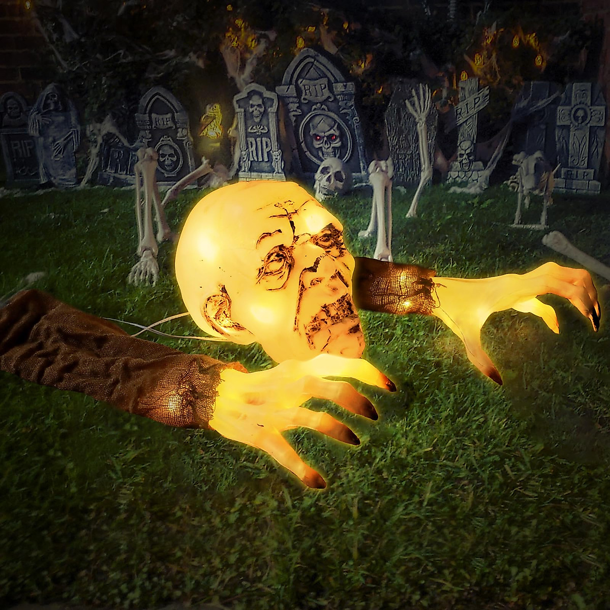 Halloween Decorations Outdoor Statues Lighted Zombie Groundbreaker,Scary Scary Halloween Tombstone Skeleton for Outdoor Halloween Graveyard Garden, Lawn, Patio, Haunted House Props Outdoor Decorations