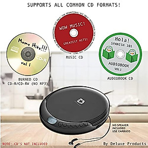Deluxe Products CD Player Portable with 60 Second Anti Skip, Stereo Earbuds, Includes Aux in Cable and AC USB Power Cable for use at Home or in Car