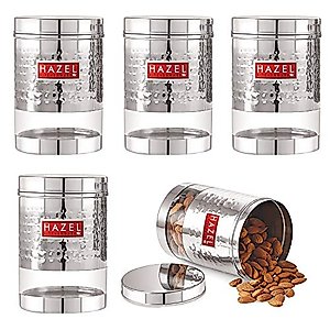 HAZEL Stainless Steel Hammered Finish Transparent Glossy See Through Container, Set of 5, 950 ML Each, Silver