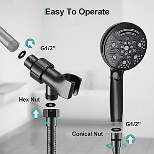 SR SUN RISE Shower Head - 9 Settings High Pressure Detachable Power Wash Handheld Showerhead, Spray Hand Showers with Extra Long Hose and 360° Adjustable Wall & Overhead Brackets (Matte Black)