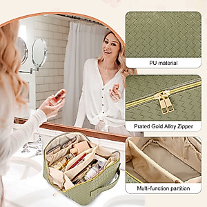 SOIDRAM Large Capacity Travel Cosmetic Bag Makeup Bag Leather Makeup Bag Organizer Women Portable Toiletry Bag Flat Lay Everything Cosmetic Bag Green