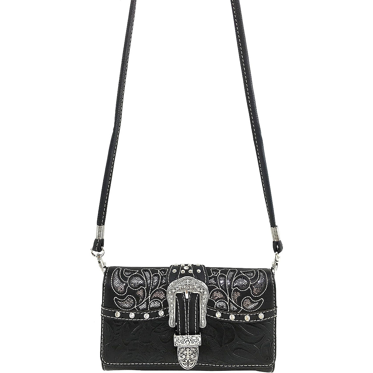 Justin West Laser Cut Rhinestone Silver Buckle Studded Cross Shape Design Wristlet Trifold Wallet Attachable Long Strap (Black Silver)