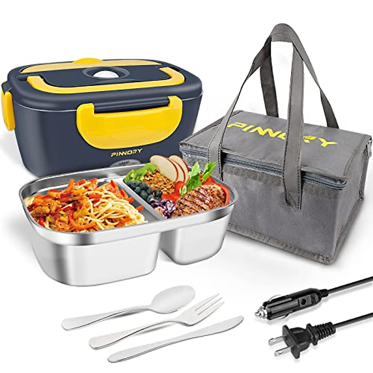 Electric Lunch Box, 60W Food Warmer, Heated Lunch Boxes for Adults, Heating Lunch Box for Work, Support 12V/24V/110V for Truck/Car/Work/Home, 304 Stainless Steel Container, Fork/Spoon/Knives, 1.5 L