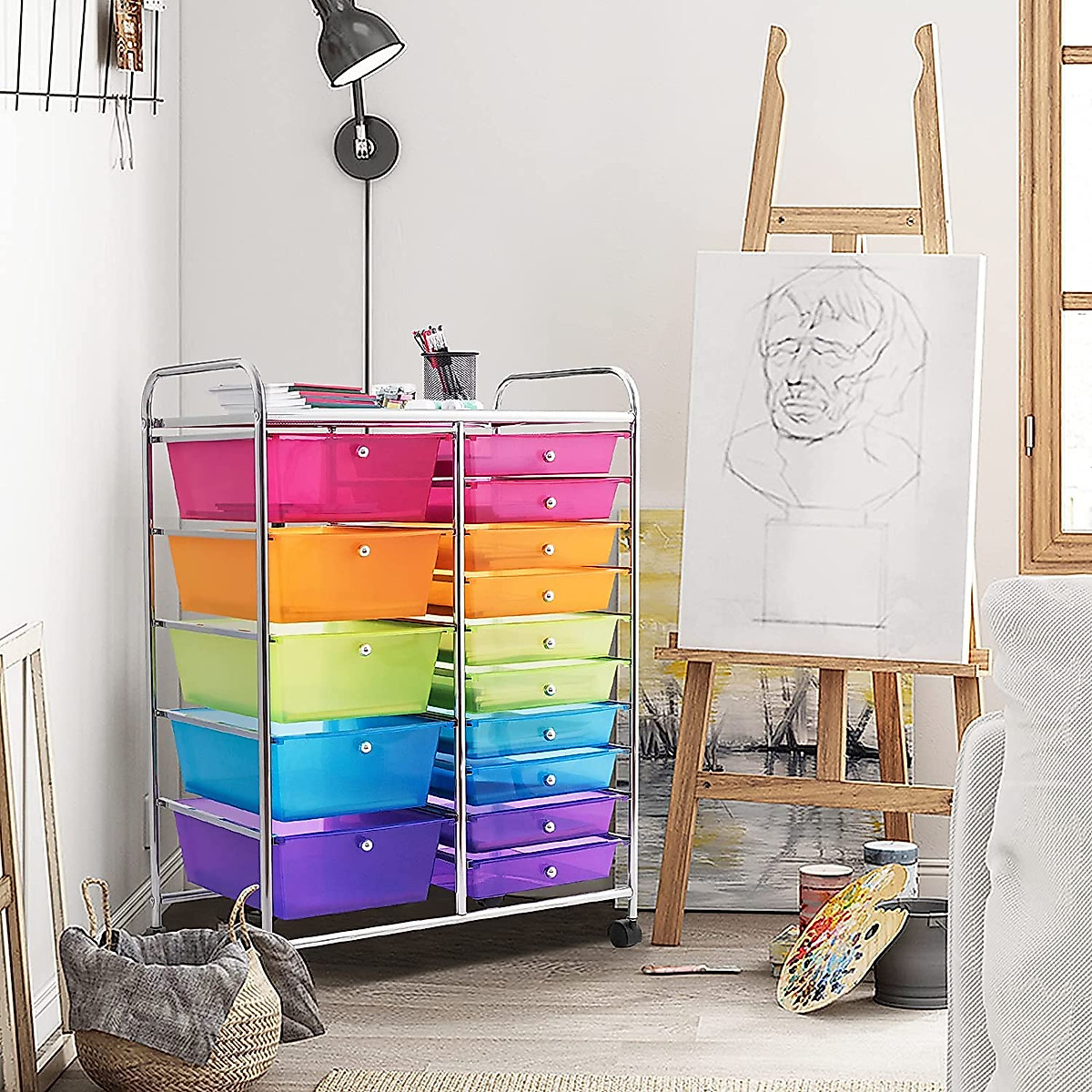 MEDIMALL 15 Drawers Rolling Storage Cart, Multipurpose Craft Storage Cart with Wheels, Mobile Tools Scrapbook Paper Organizer Cart for School Home Office Use (Rainbow)