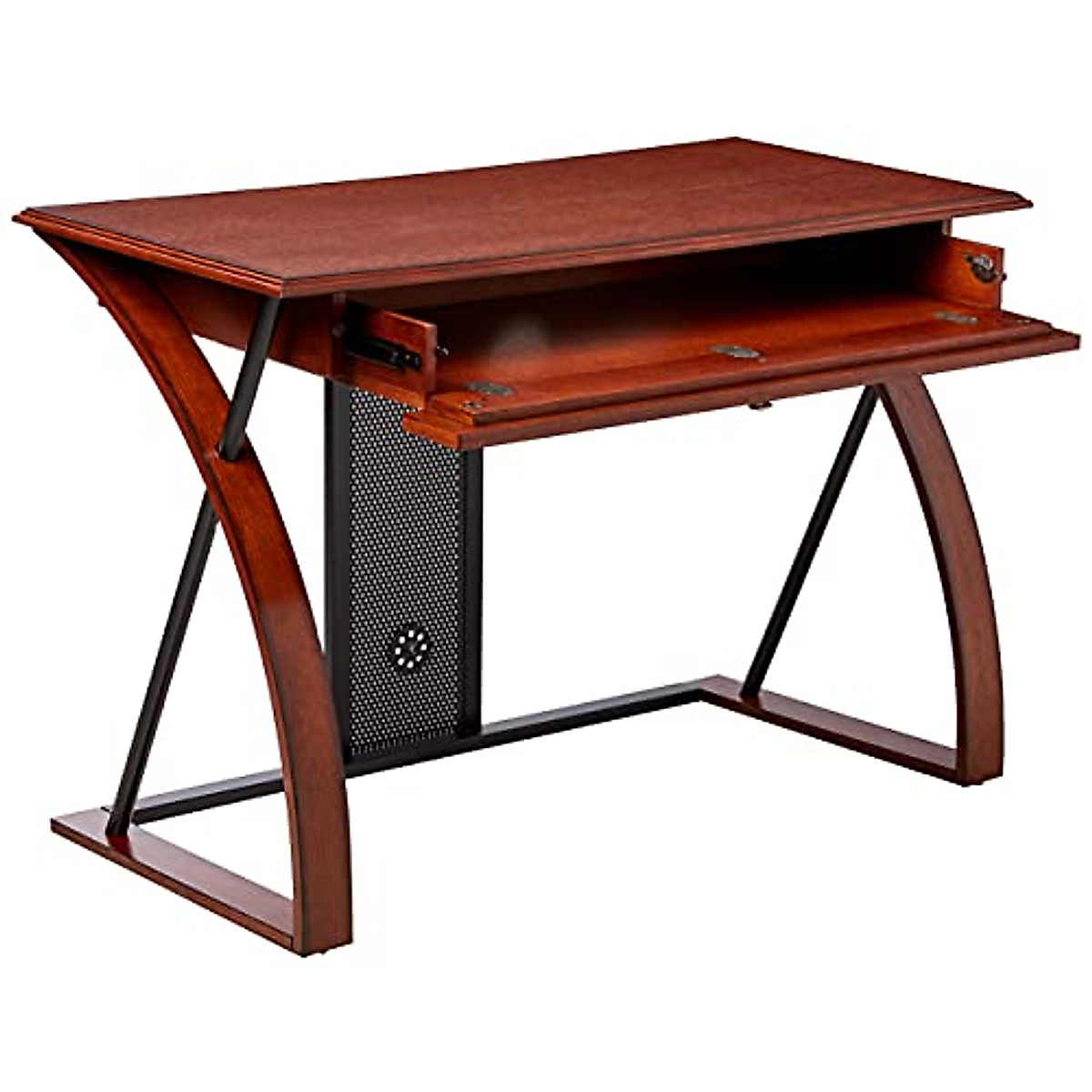 OSP Home Furnishings Aurora Computer Desk with Pull-Out Keyboard Tray, Medium Oak Finish and Black Accents