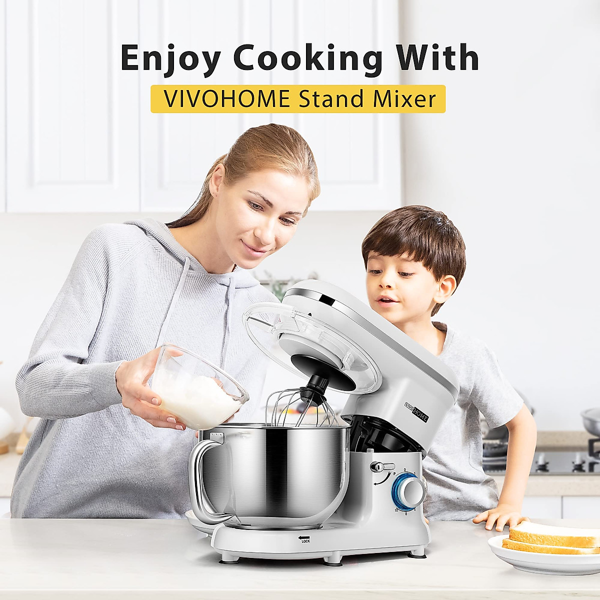 VIVOHOME Stand Mixer, 660W 10 Speed 6 Quart Tilt-Head Kitchen Electric Food Mixer with Beater, Dough Hook, Wire Whip and Egg Separator, Silver