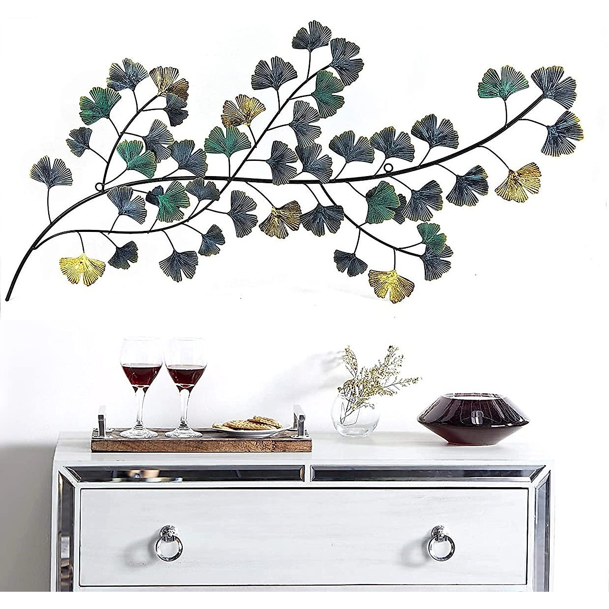 Bellaa 3D Metal Wall Decor Living Room Ginkgo Leaf Japanes Style Flower Golden Blue Teal Abstract Scroll Celtic Wrought Iron Plaque Hanging Boho Home Outdoor Garden Floral Accents Turquoise