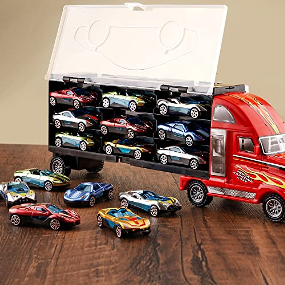 Toy Truck Transport Car Carrier - 18 Sport Cars in Truck Toys, Toys for Boys and Girls Age 3-10 yrs Old, Ideal Party Christmas Birthday Gift for Kids