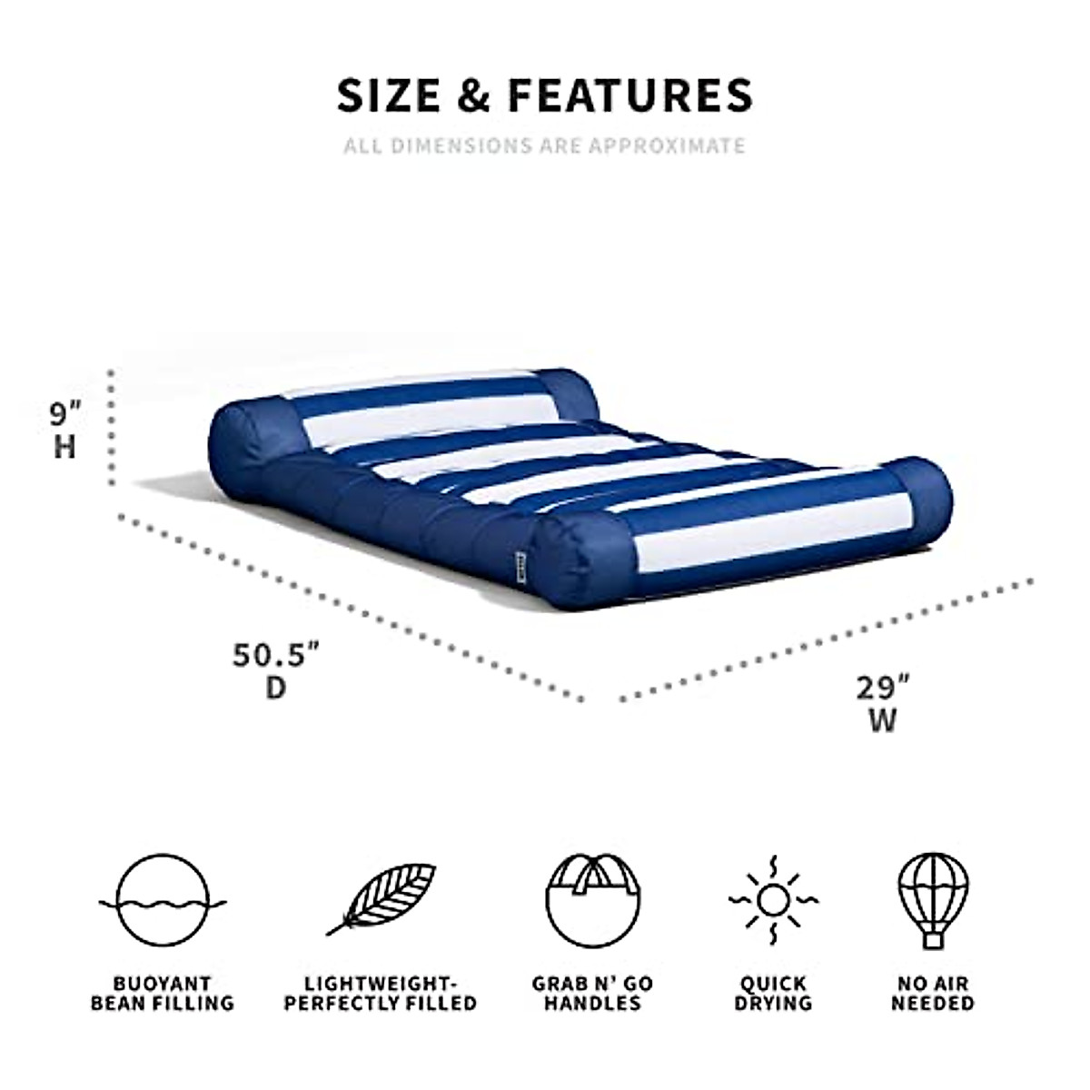 Big Joe Kona Hammock No Inflation Needed Pool Lounger with Headrest, Americana Nautical Stripe Double Sided Mesh, 4ft Big