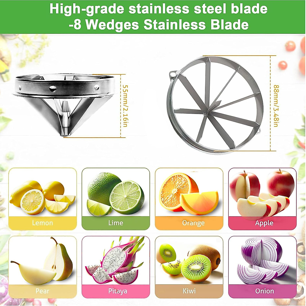 Commercial Lemon Cutter 8-Section with V-Shaped 420 Stainless Steel Blades，Easy Wedger Stainless Steel Blade Fruit Lime Slicer NSF Certified Easy-to-Use for Bar Restaurant (8-Section)