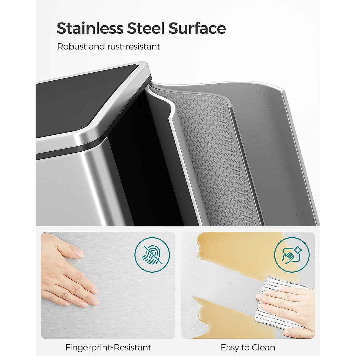 SONGMICS Trash Can, 2 x 8-Gallon Garbage Can for Kitchen, with 15 Trash Bags, 2 Compartments, Plastic Inner Buckets and Hinged Lids, Airtight, Silver and Black ULTB60NL