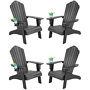 hOmeHua Oversized Adirondack Chair Set of 4, Adirondack Chair Weather Resistant with Cup Holder, Imitation Wood Stripes, Easy to Assemble, Outdoor Chair for Patio, Deck, Fire Pit & Lawn Porch - Black