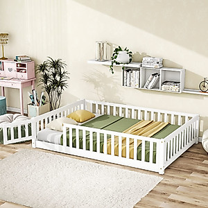 i-POOK Twin Floor Bed for Children, Sturdy Wood Montessori Bed Frame with Wood Slats, Fence & Door, Montessori Floor Bed for Girls and Boys, White