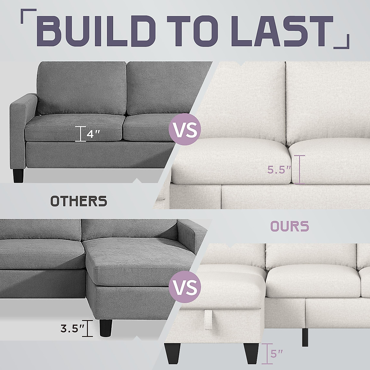 Yattem Convertible Sectional Sofa Couch：Modern L-Shaped Sofa Couches with Reversible Storage Ottoman & Side Storage Pockets - 3-Seat Beige Linen Sofa Couch for Living Room/Apartment/Studio/Small Space