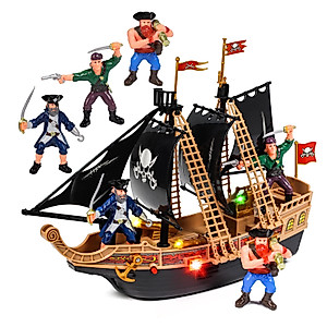 Kidplokio Toy Pirate Ship Boat Adventure Playset with Lights Sounds Action Figures, Black, Boys, Ages 3+