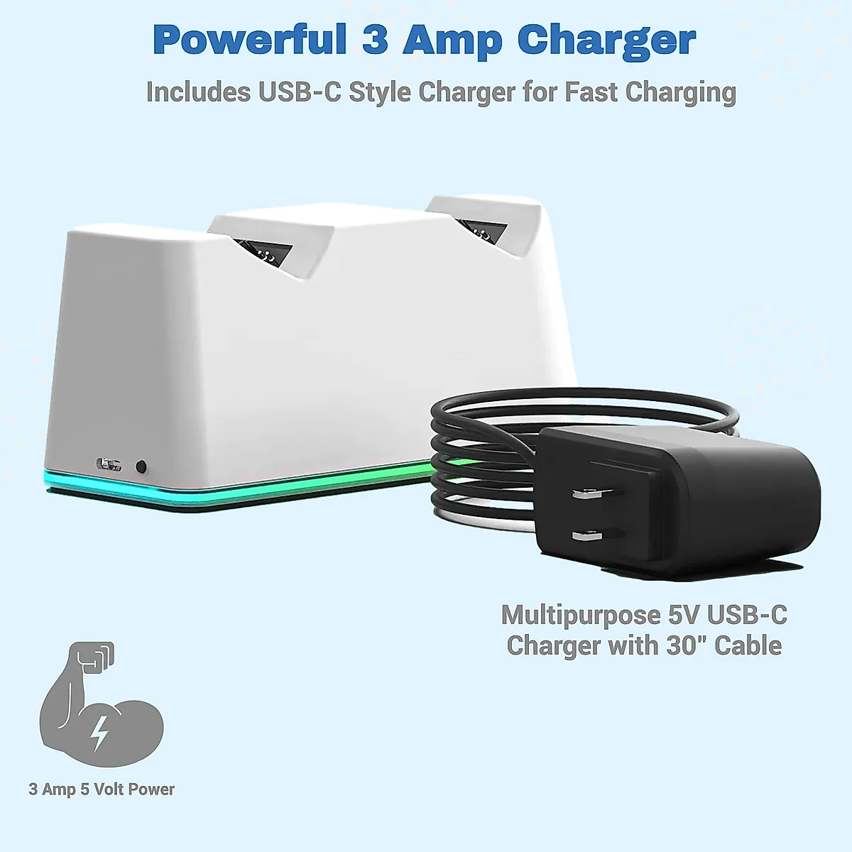 PS5 Charging Dock w/Fast 3A USB-C Power & RGB Base