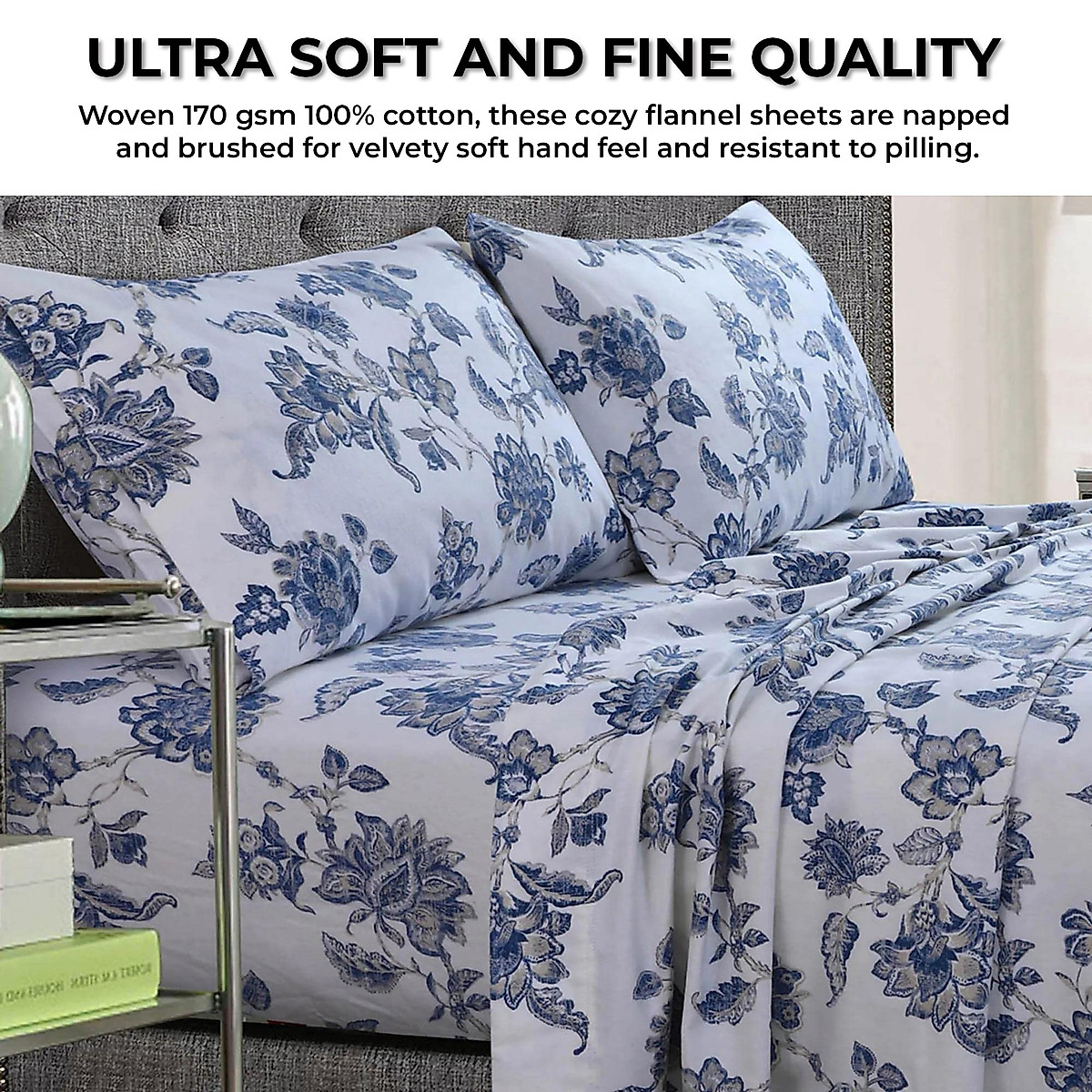 Tribeca Living Ultra-Soft Flannel Sheet Set, 170-GSM Cotton, Deep Pocket, Cozy Winter Bedding - Queen, Floral Deep Blue