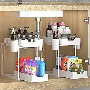 SUPPNEED 2 Pack Under Sink Organizers and Storage, 2-Tier Double Sliding Pull-out Drawer, Multi-purpose Under Sink Organizer for Kitchen and Bathroom with 4 Hooks, 2 Hanging Cup,White