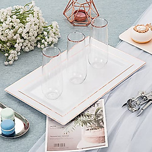 SUT 12 Pack White Plastic Serving Trays with Rose Gold Rim, 13 X 8 inch Rectangle Food Trays, Disposable platters Cookie Serving Trays, Rose Gold Serving Tray Wedding and Disposable Trays for Parties