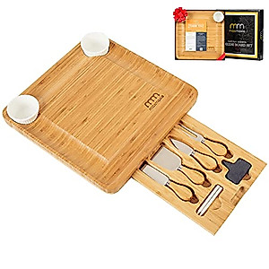 MaxMoxie Bamboo Cheese Board and Cutlery Set, Wooden Kitchen Charcuterie Board, Cheese Tray Serving Platter, Unique Gift for Families