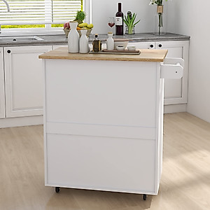 RASOO Kitchen Island on Wheels White Rolling Trolley Cart Island Cart Storage Cabinet with Rubber Solid Wood Countertop One Drawer and 2 Doors Towel Rack, 32.68"x17.72"x36.02"(LxWxH)