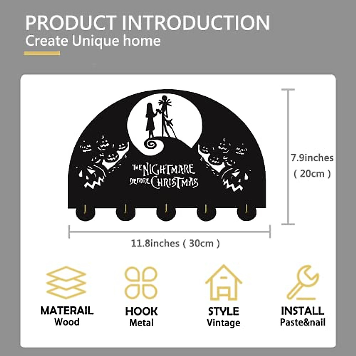 The Nightmare Before Christmas Key Hooks-Wall Hooks Heavy Duty 20LB(Max),Wall Décor,Wood Coat Hooks, Key Holder,Key Hanger for Wall、Entryway and Kitchen