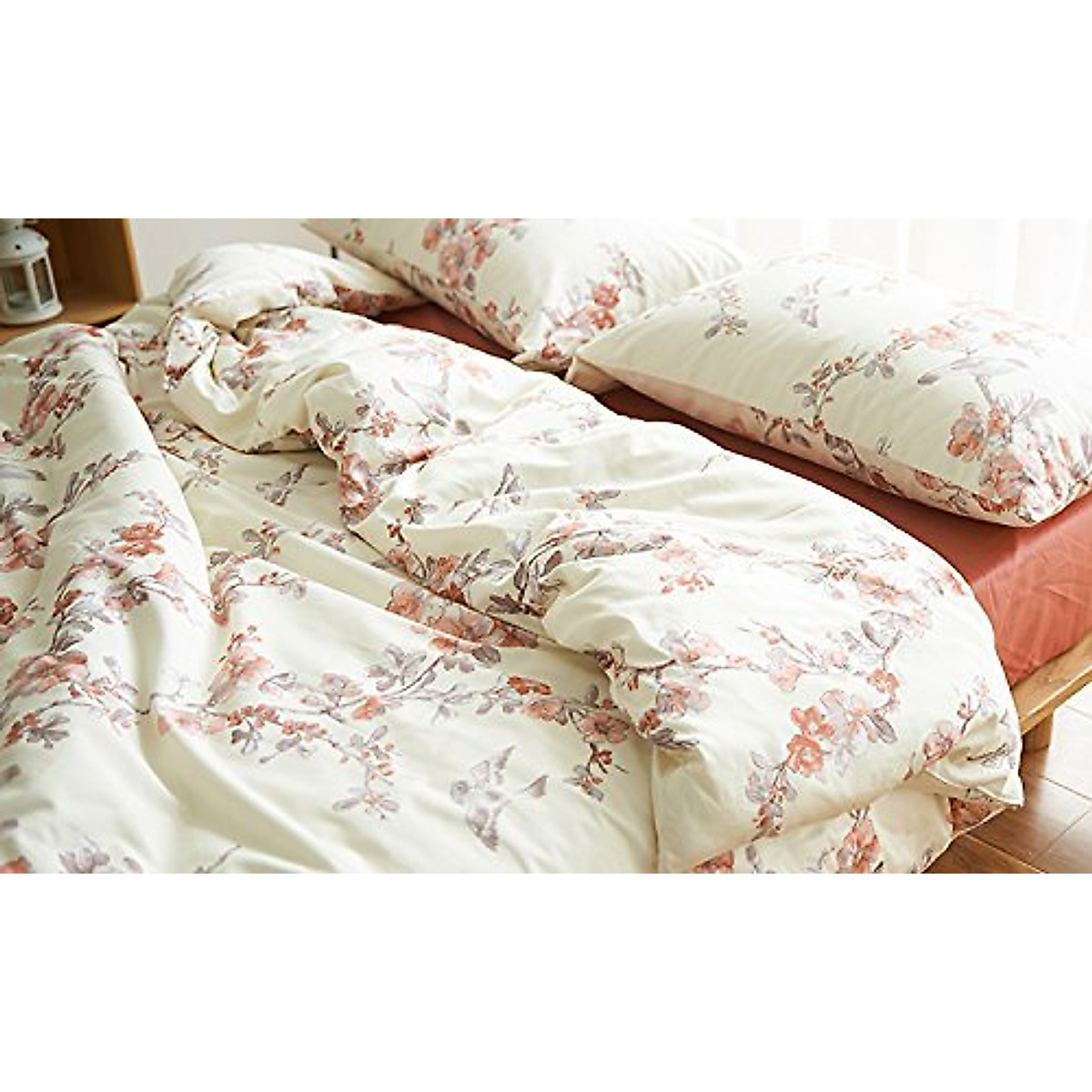 Eikei Garden Chinoiserie Floral Duvet Quilt Cover Asian Porcelain Style Tree Blossom and Birds Blue and White Watercolor Pattern 300tc Cotton Percale Bedding Set (Twin, Cream Red)