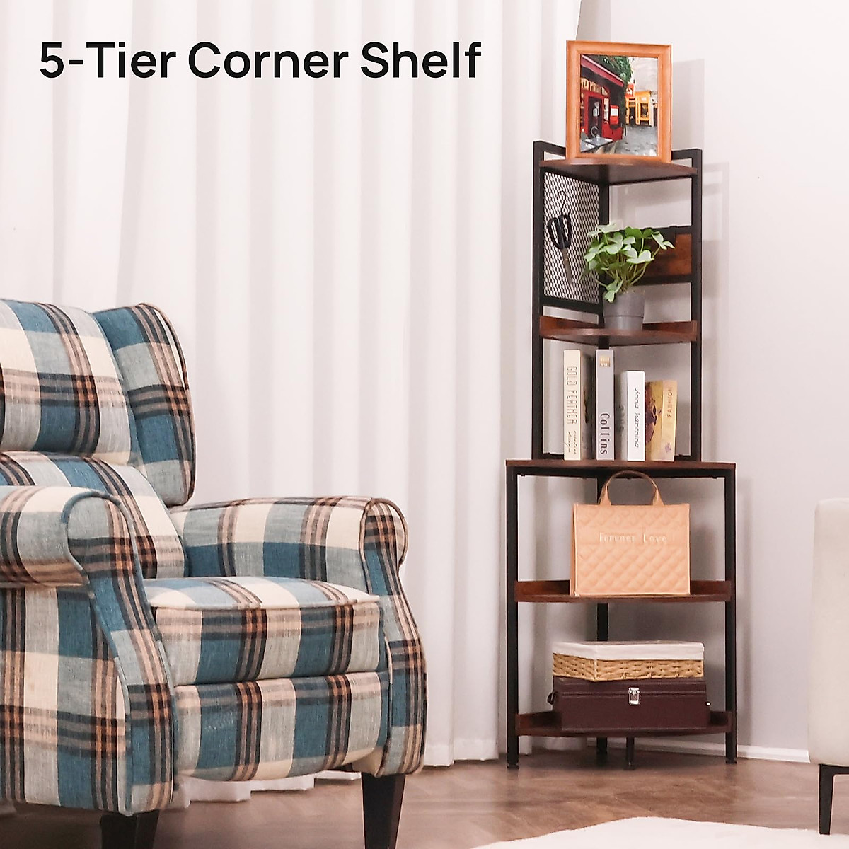 ALBAD 5 Tier Corner Shelf Stand, 59.8 Inch Corner Shelf Stand with Metal Frame, Wood Corner Bookshelf Plant Stand, Ladder Display Shelf for Bathroom, Living Room, Kitchen