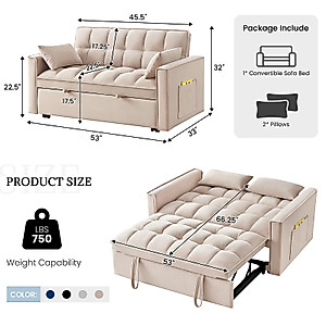 Velvet Sleeper Sofa Couch Bed, 4 in 1 Small Modern Convertible Loveseat Futon Sofa with Pullout Bed and Adjustable Backrest for Small Space Living Room Apartment Office Studio Lounge Reading Taupe