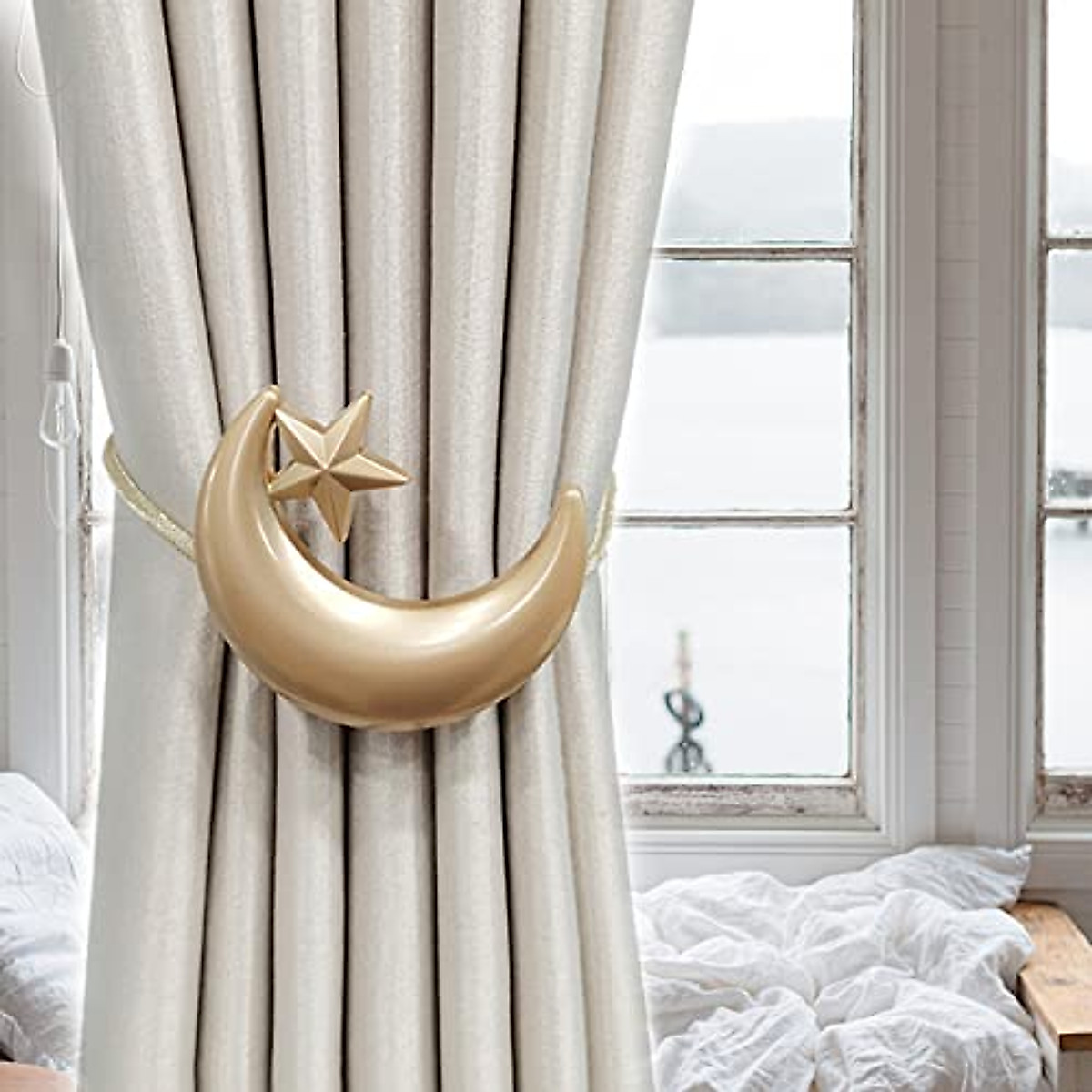 canjuxk 2 Pack Curtain Tie,Magnetic Curtain Tiebacks,Star Moon Curtain Decorative Weave Rope Curtain Holdbacks Holder for Window Decor, Curtain Clips Rope Straps Magnet for Home Office (Gold)