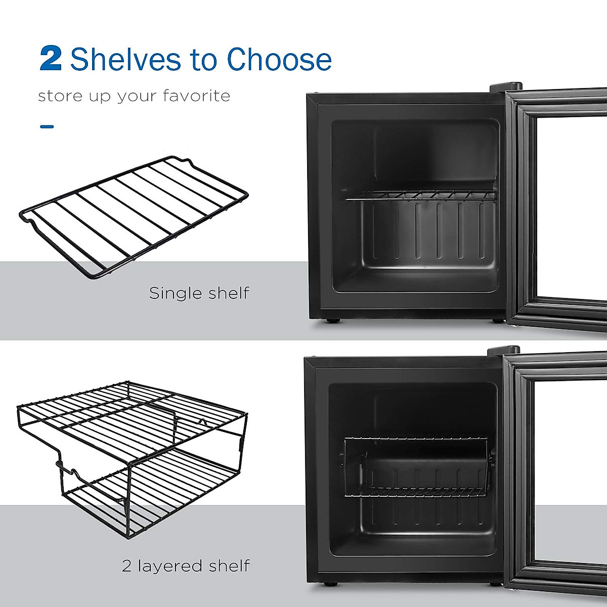 Watoor 1.1 Cu Ft Mini Freezer Display Freezer with LED Light 2 Removable Shelves 7 Temperature Settings -8°F to 14°F Perfect for Liquor and Ice Cream