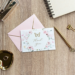 Gooji 4x6 Butterfly Dream Thank You Cards with Envelopes (Bulk 20-Pack) Baby Shower, Bridal Shower, Wedding, Greeting, Blank Notes Business Box Assorted Stationary Pink Flowers