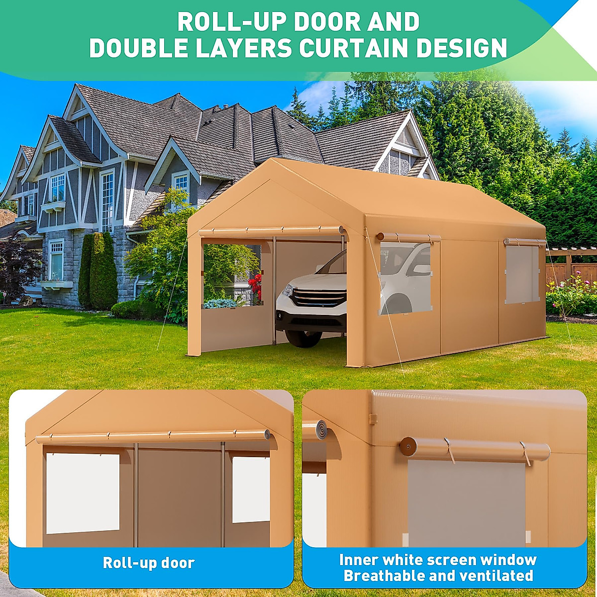 GarveeLife 12x20FT Carport, Portable Garage with Sidewalls, Doors and Ventilated Windows, UV Resistant and Waterproof, Heavy Duty Carport for Car, Bike, Boat, Party (Yellow)