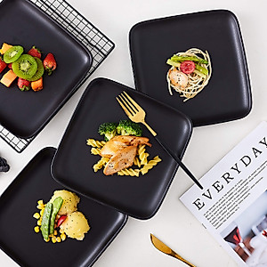 Bruntmor 8" Ceramic Appetizer Plates | Serving Platter | Set of 4, Square Black Simple Modern Ceramic Salad/Dessert Plates | Christmas Dinner Plates Set | Christmas Dinnerware or Thanksgiving