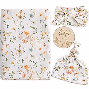 LifeTree Newborn Swaddle Set with Matching Hat and Bow, Wooden Birth Announcement Card, Baby Girl Newborn Receiving Blanket Baby Swaddle Floral Motif Nursery Swaddle Wrap