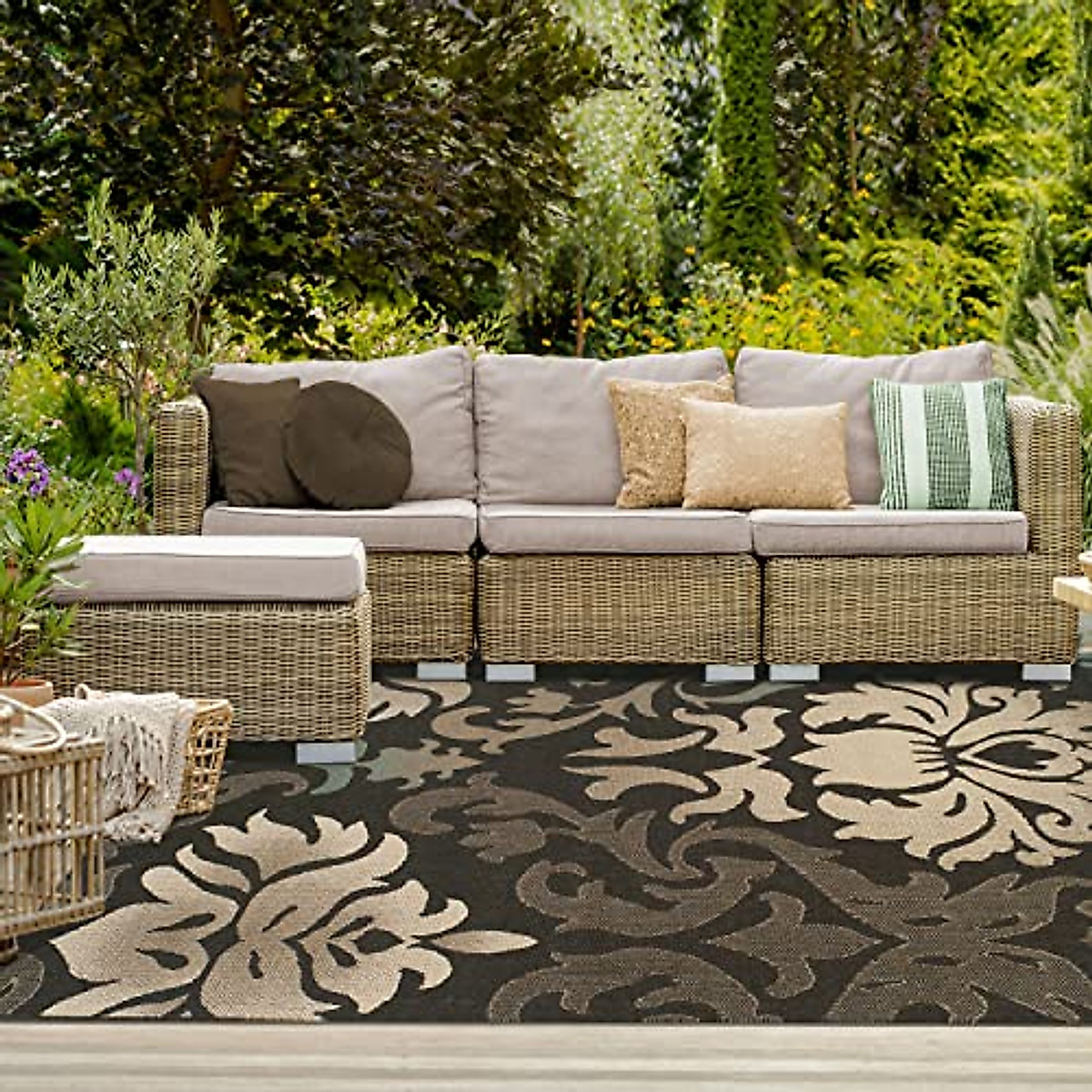 Superior Indoor Outdoor Area Rug, Perfect for Patio, Backyard, Playroom, Kitchen, Bedroom, Dining Room and Entryway, High-Traffic, Pet and Kid Friendly, Damask, Lowell Collection, 4' x 6', Brown Beige