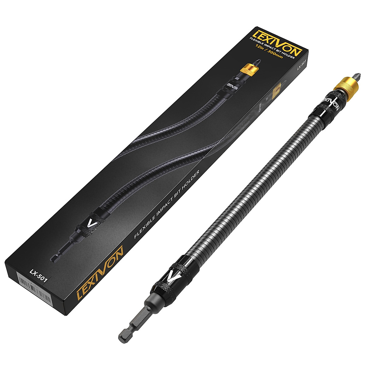 LEXIVON Drill Bit Holder, 12-Inch Flexible Extension, Quick-Release with 1/4-Inch Hex Shank | Rated for 3600 RPM, Guaranteed High Performance (LX-501)