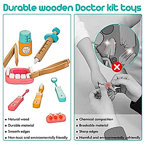 Wooden Dentist Kit for Kids, 41 Pieces Toy Medical Kit with Stethoscope & Medical Storage Bag, Montessori Pretend Doctor Kit Toys for 3 4 5 6 Years Old Boys Girls