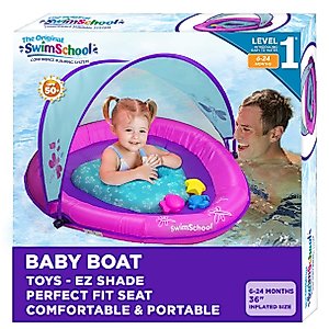 SwimSchool Deluxe Baby Pool Float with Adjustable Canopy - 6-24 Months - Baby Swim Float with Splash & Play Activity Center Safety Seat - Pink/Aqua