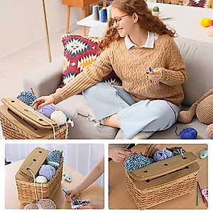MABOZOO Wicker Crochet Bag Organizer, Durable Crochet Basket Knitting Bag Yarn Storage Organizer Yarn Bag for Knitting Needles, Crochet Hooks, Crochet Accessories
