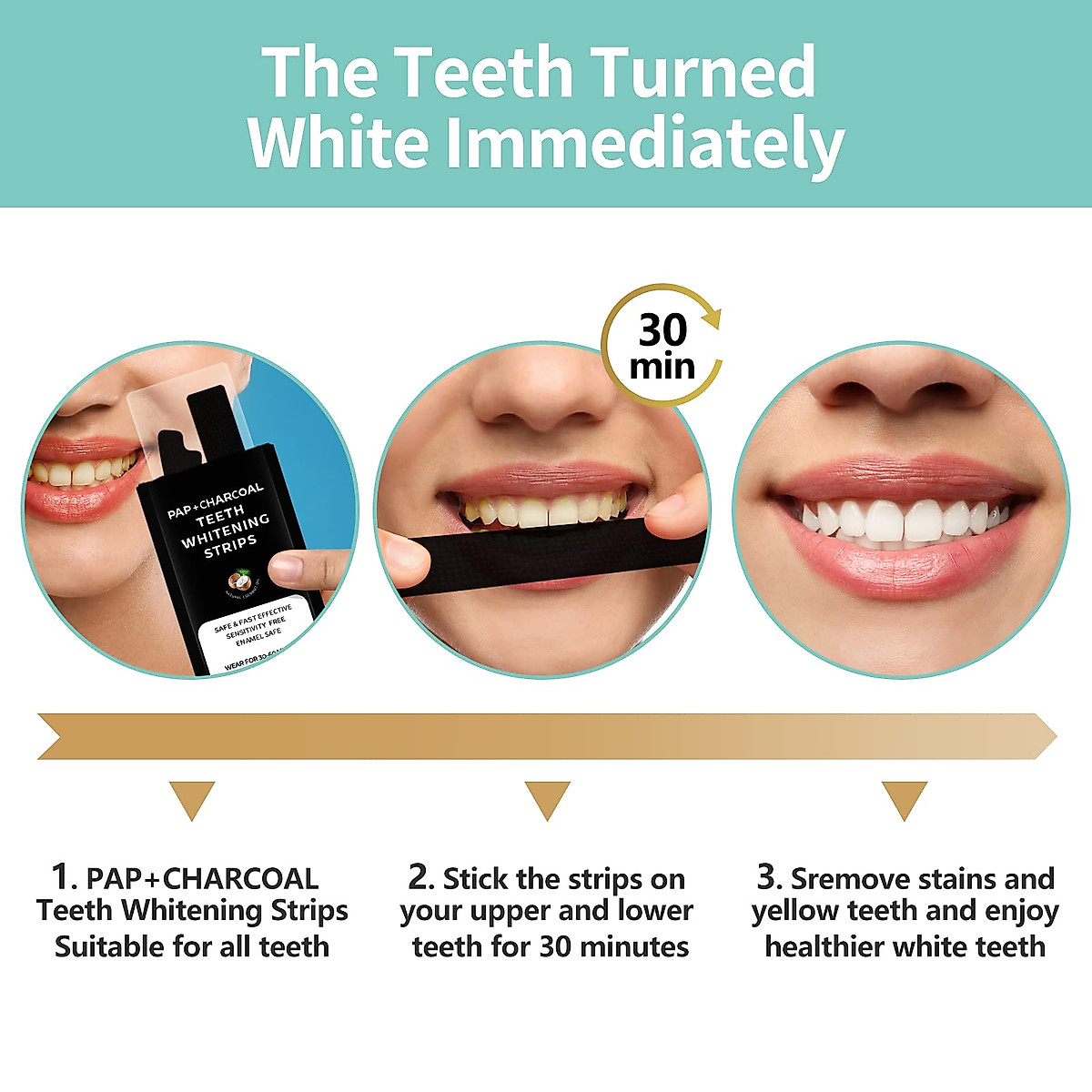 Pap+ Charcoal Teeth Whitening Strips Professional Teeth Whitening Kit for Teeth Sensitive or Coffee Drinker, 28 Tooth Whitener Strips Easy to Use 14 Treatments by ECTEST