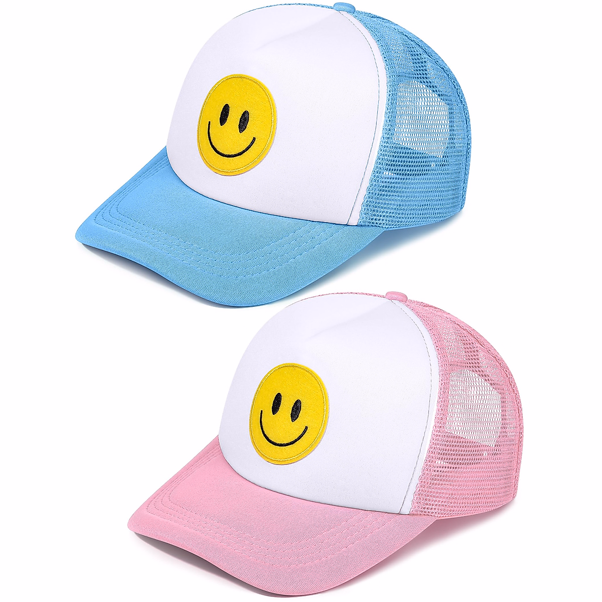 Cozypower 2 Pcs Smile Face Baseball Cap Smile Trucker Hat Mesh Adjustable Baseball Cap Retro Preppy Hats for Women(Blue, Pink, White)